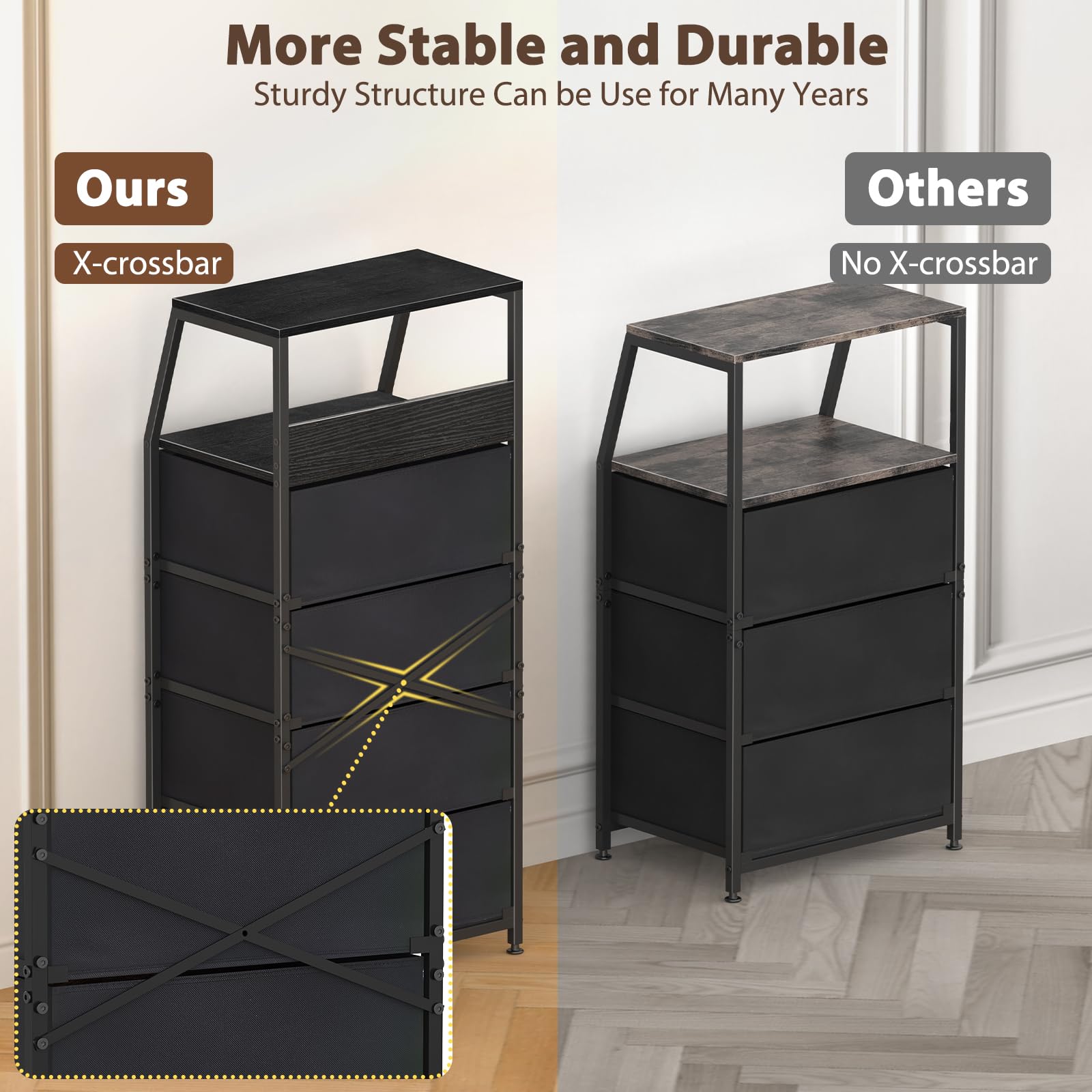 OGEMXU Nightstand with Drawers, Small Dresser with 3 Fabric Drawers, 2-Tier Shelf Bedside Table Storage and Organization, End Table Storage Shelf for Small Space, Bedroom, Apartment, Black