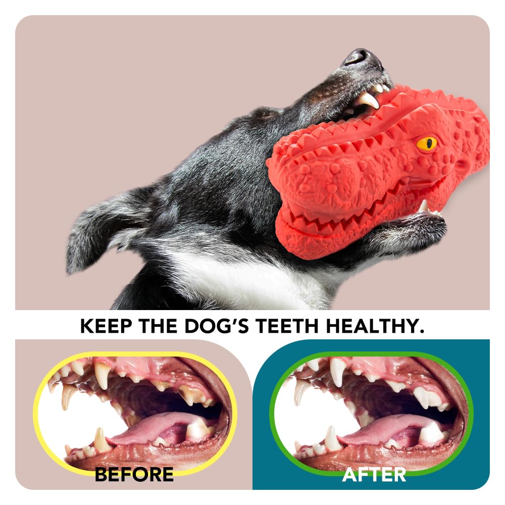 TSPRO Dinosaur Dog Chew Toys Interactive Dog Toy for Pets Increases IQ, Natural Rubber Dog Toys Squeaky for Teeth Cleaning and Training, for Aggressive Chewers (Dinosaur Red)
