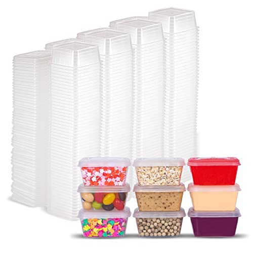 RIKICACA 2 oz Plastic Containers with Lids (200pack), Disposable Condiment Containers with Lids, Portion Cups with Lids, Condiment Cups, Jello Shot Cups, Souffle Cups, (Square)
