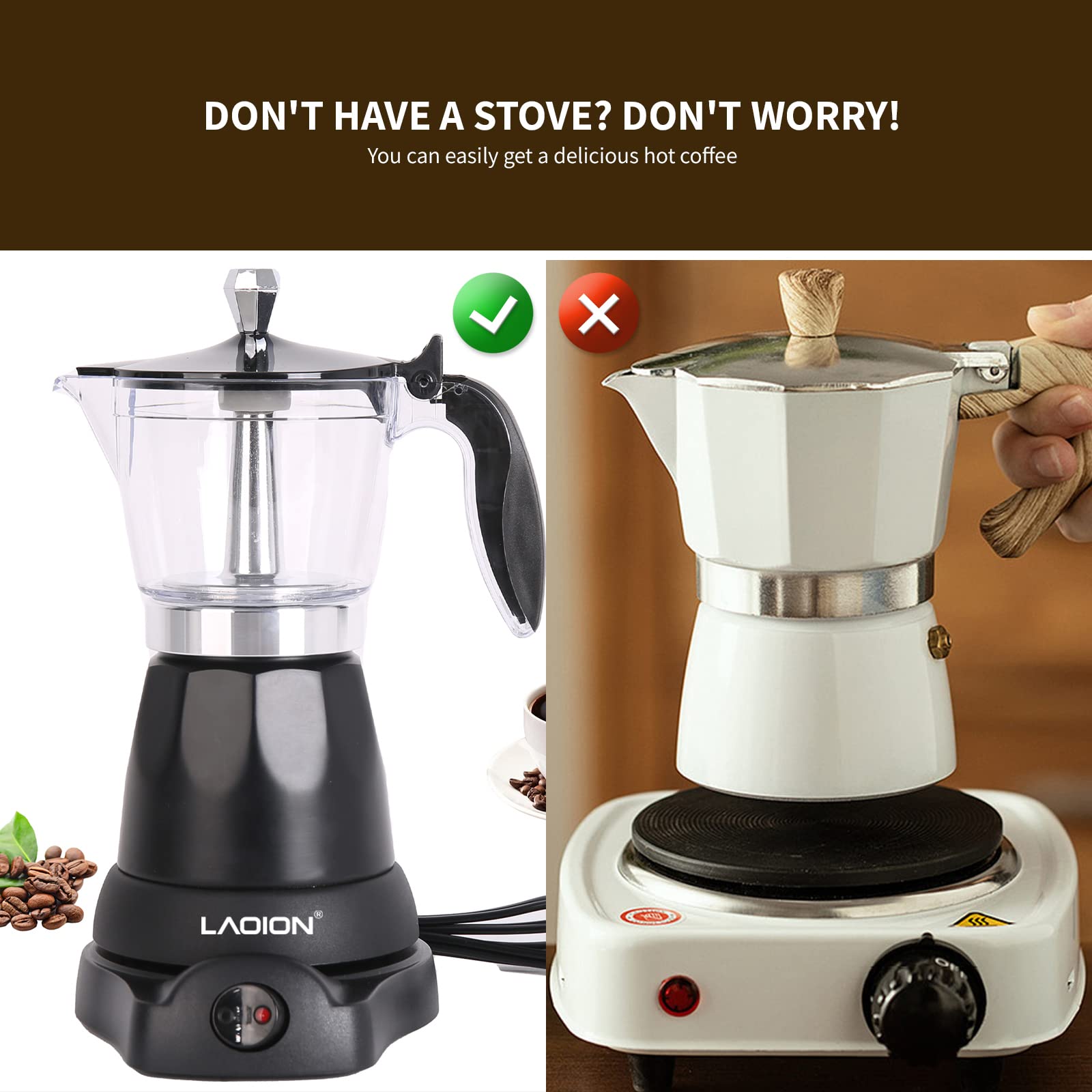 LAOION Cuban Coffee Maker, 6 Cup Electric Espresso Coffee Maker, 300ml Portable Cafeteras Electricas Modernas, Electric Moka Pot with Detachable Base & Overheat Protection, Coffee Gift for Home Travel