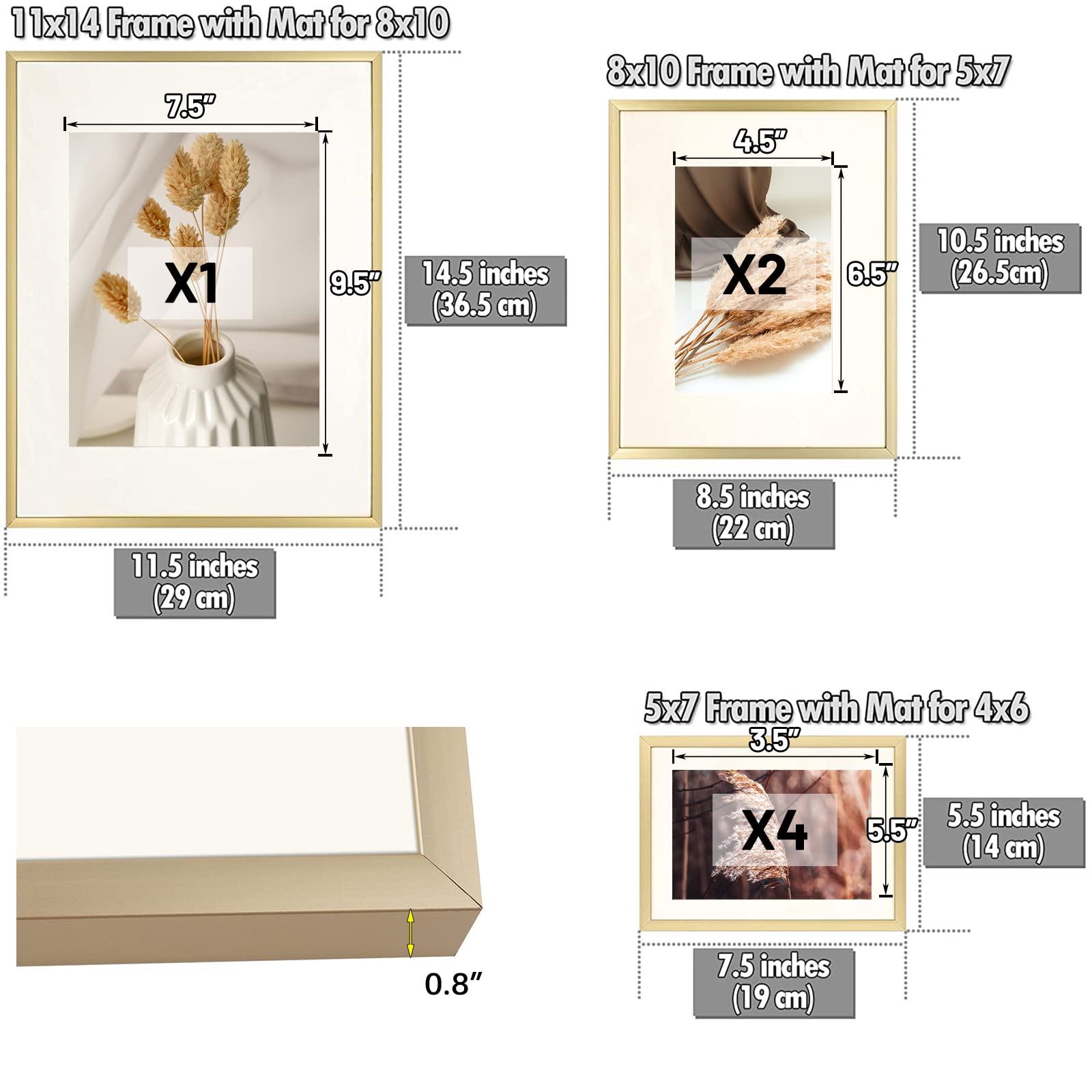 Golden State Art, 7 Pack, One 11x14, Two 8x10, and Four 5x7 Pictures. Aluminum Photos Frame for Wall or Tabletop Display (Gold)