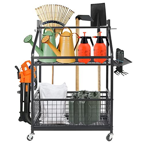 Stonehomy Garden Tool Storage Organizer with Wheels, Standing Garage Tool Holder, Yard Tool Tower Rack for Lawn and Outdoor, Black
