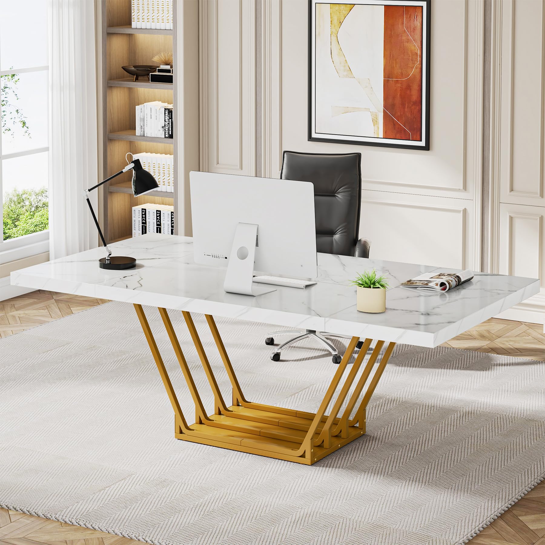 Tribesigns 63-Inch Modern Computer Desk, White Executive Desk with Gold Metal Frame, Large Office Desk Workstation Business Furniture for Home Office, Easy Assembly, Only Desk