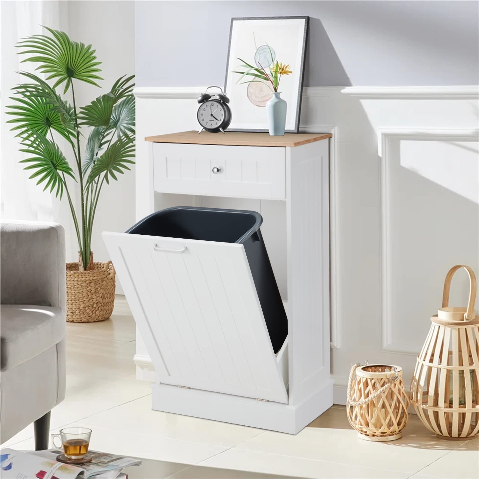 YDTOP Tilt Out Trash Can Cabinet 10 Gallon, Kitchen Freestanding Wood Recycling Trash Cabinet with Drawer & Cutting Board, Pet Proof Hidden Garbage Bin Holder for Home Laundry Bathroom, White