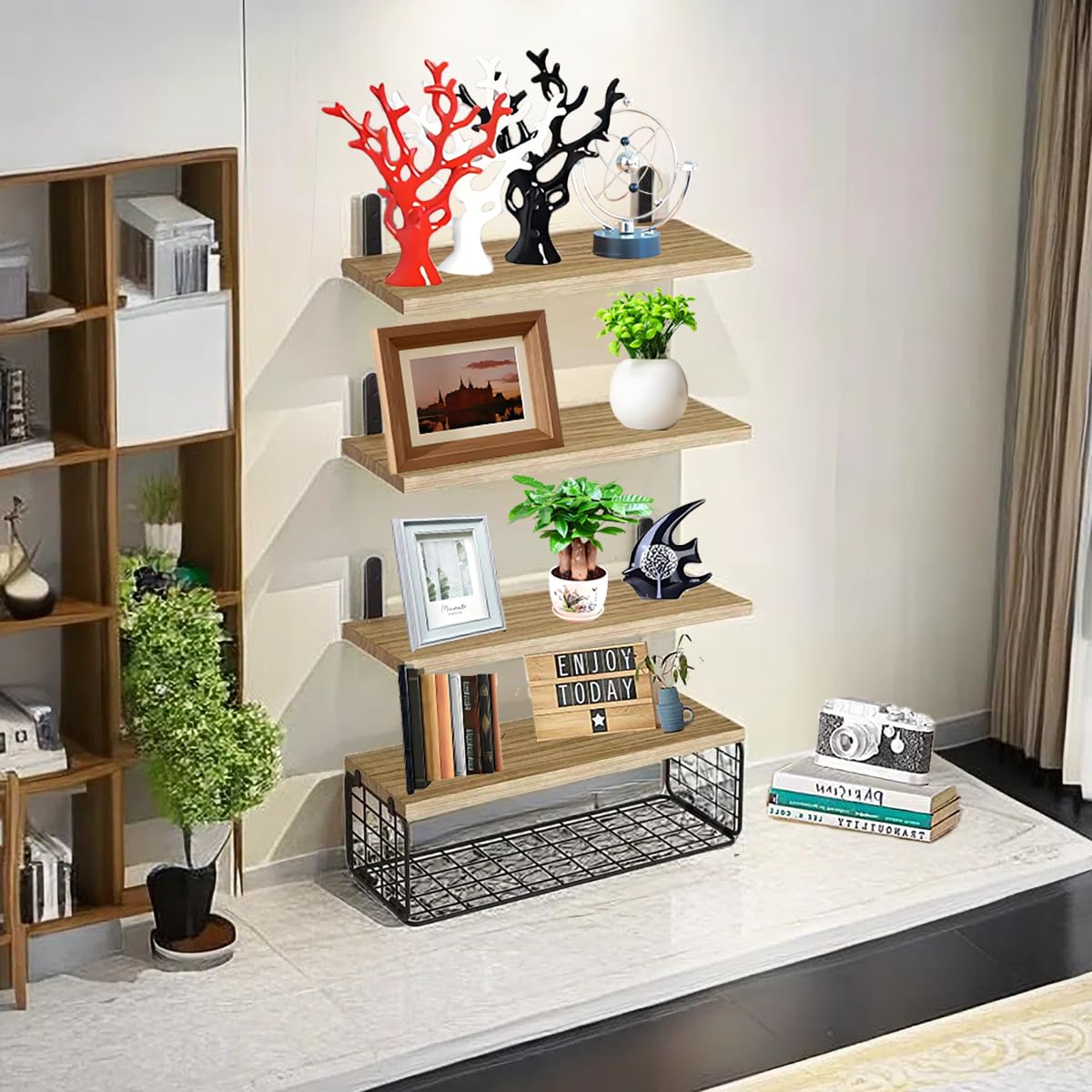 RUIJUXIN 4+1 Tier Floating Shelves, Floating Bathroom Shelf Wall Mounted with Wire Basket, Bathroom Shelfves Over Toilet, Farmhouse Wall Decor Plants