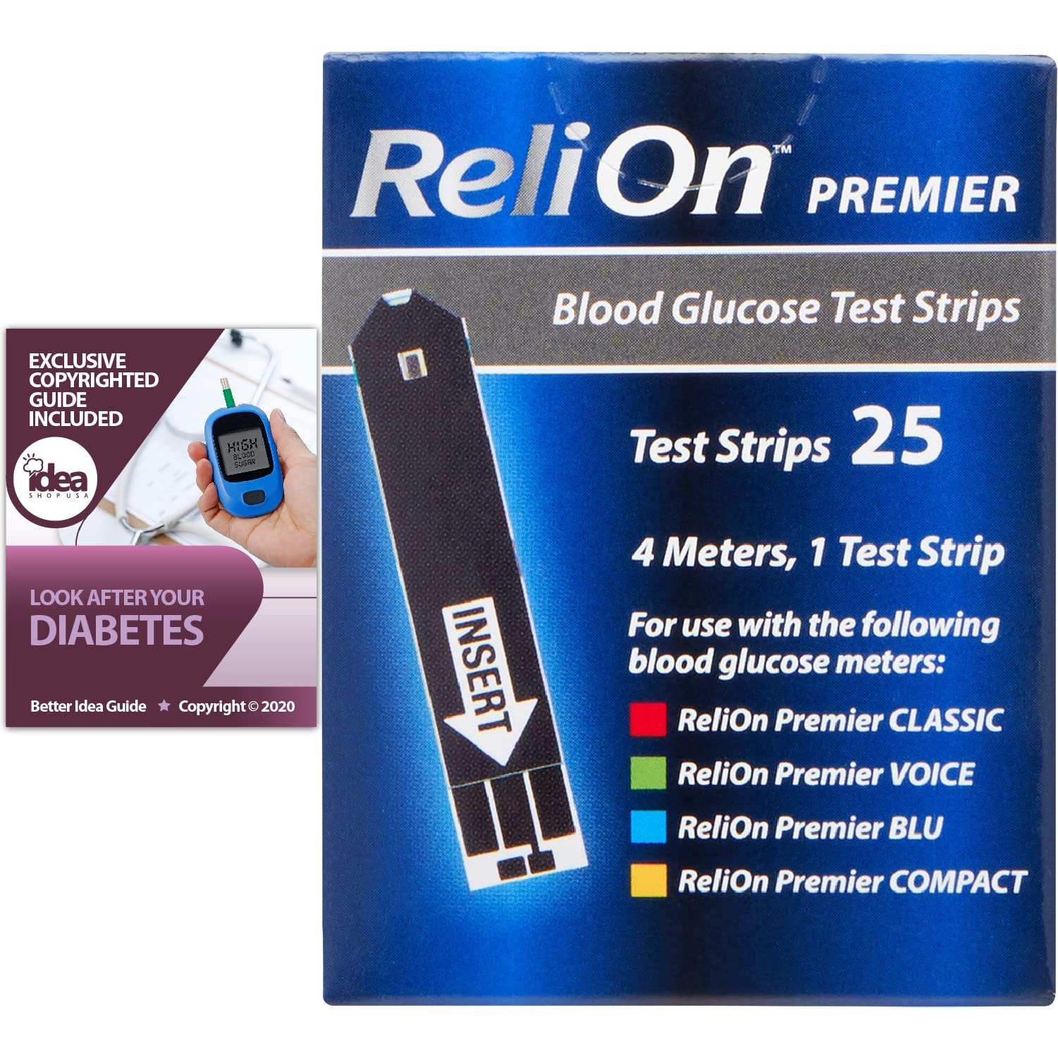 ReliOn Premier Blood Glucose Test Strips, 25 Ct Bundle with Exclusive Look After Your Diabetes - Better Idea Guide (2 Items)