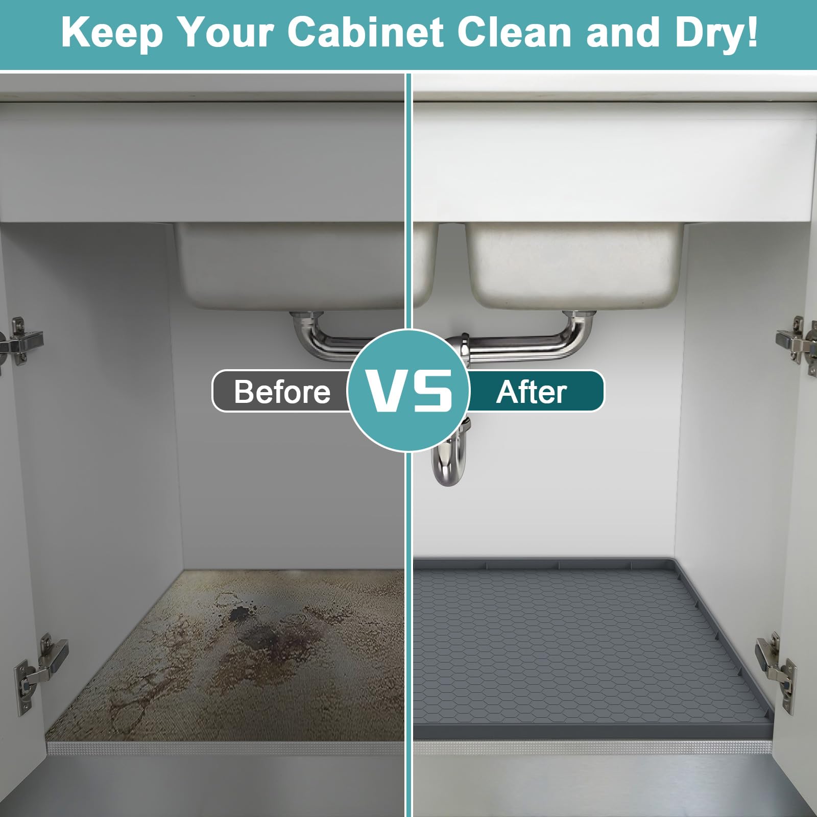Under Sink Mats for Kitchen Waterproof, Silicone Under Kitchen Sink Mats and Protectors for 34" x 22" Cabinets, Under Sink Tray Organizer, Shelf Liners Cabinet Liner for Kitchen and Bathroom, Gray
