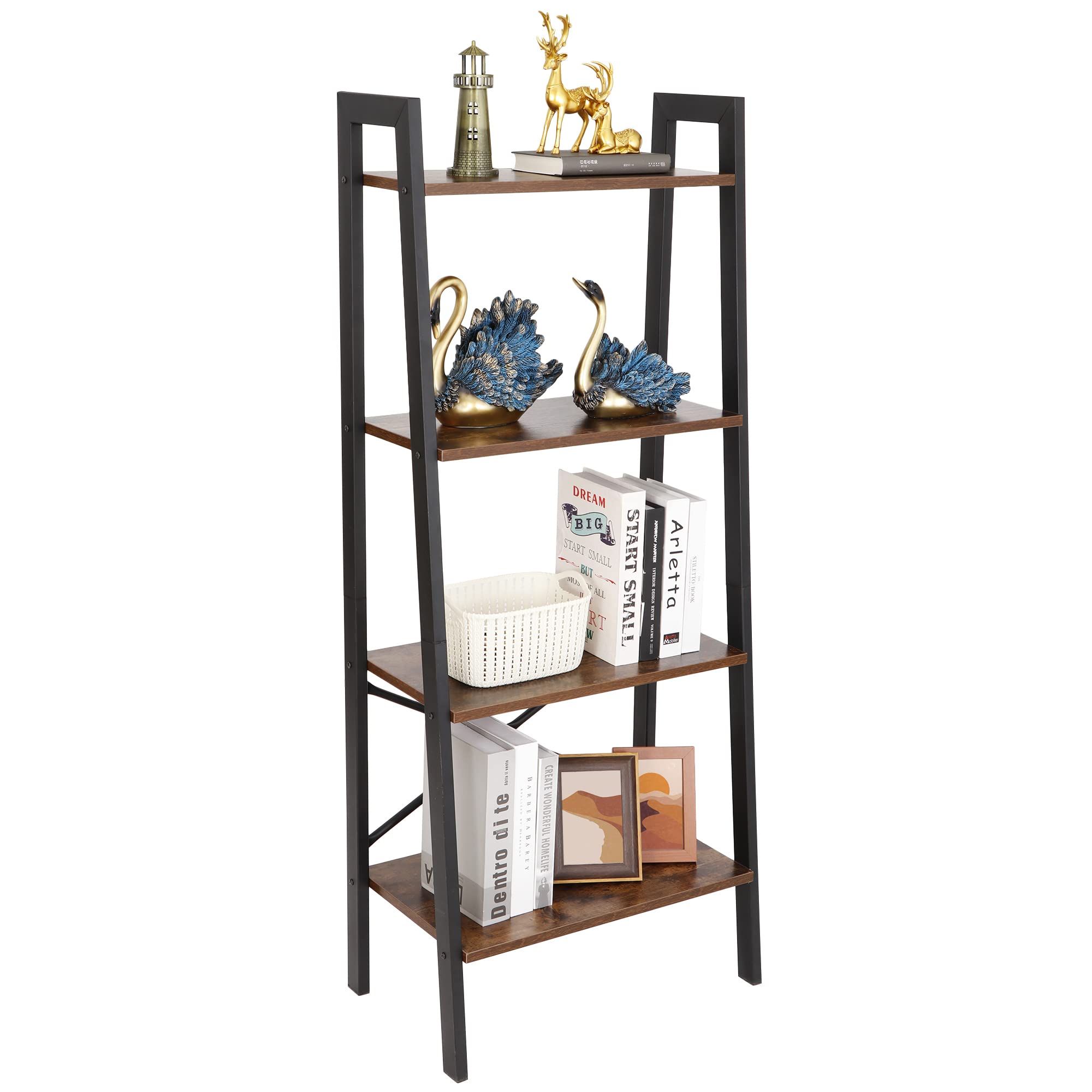 ZENY 4-Tier Bookshelf, Ladder Bookcase, Multifunctional Ladder-Shaped Plant Flower Stand Rack Bookrack Storage Shelves (Rustic Brown)