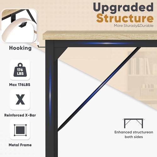 Shahoo 32 Inch Small Desk, Wood Modern Simple Student Kids Study Writing Computer Table with Storage Bag and Headphone Hook for Home, Study, Writing, Oak