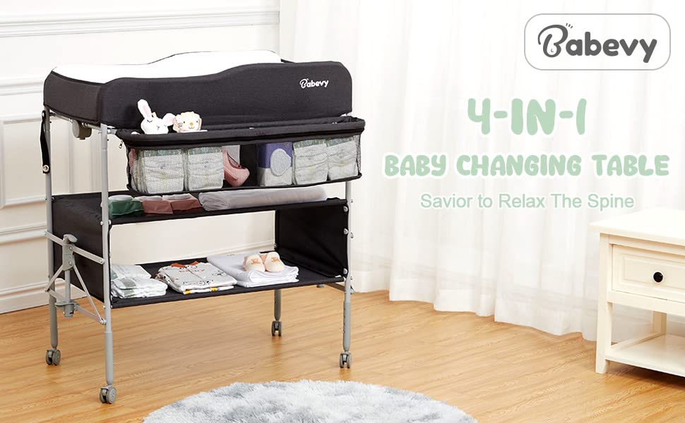 Portable Baby Changing Table, Babevy Foldable Changing Station Changing Dresser with Wheels for Infant, Waterproof Diaper Changing Table Pad Topper, Mobile Nursery Organizer for Newborn (Black)