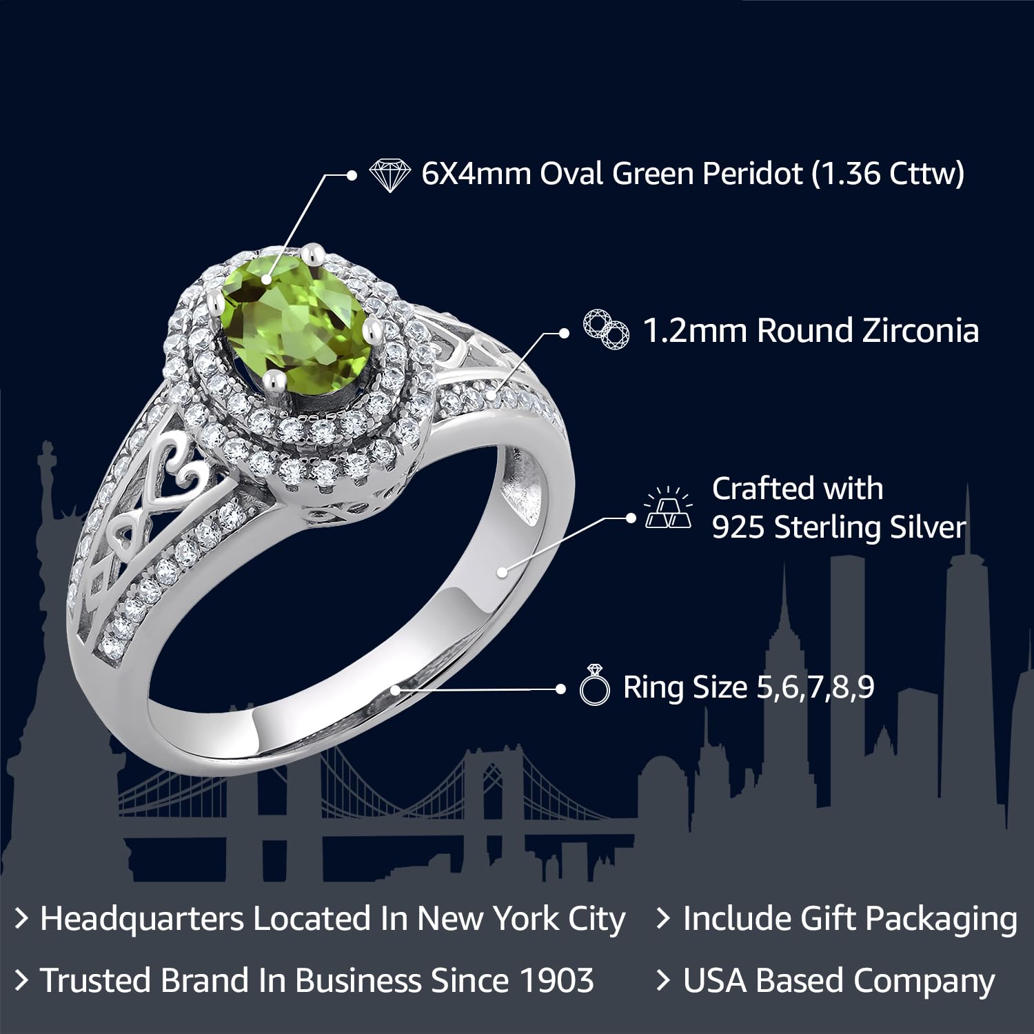 Gem Stone King 1.36 Cttw Green Peridot Engagement Ring In 925 Sterling Silver | Gemstone Birthstone | Oval 6X4MM | Wedding Anniversary Promise Ring For Women | Available In Size 5, 6, 7, 8, 9