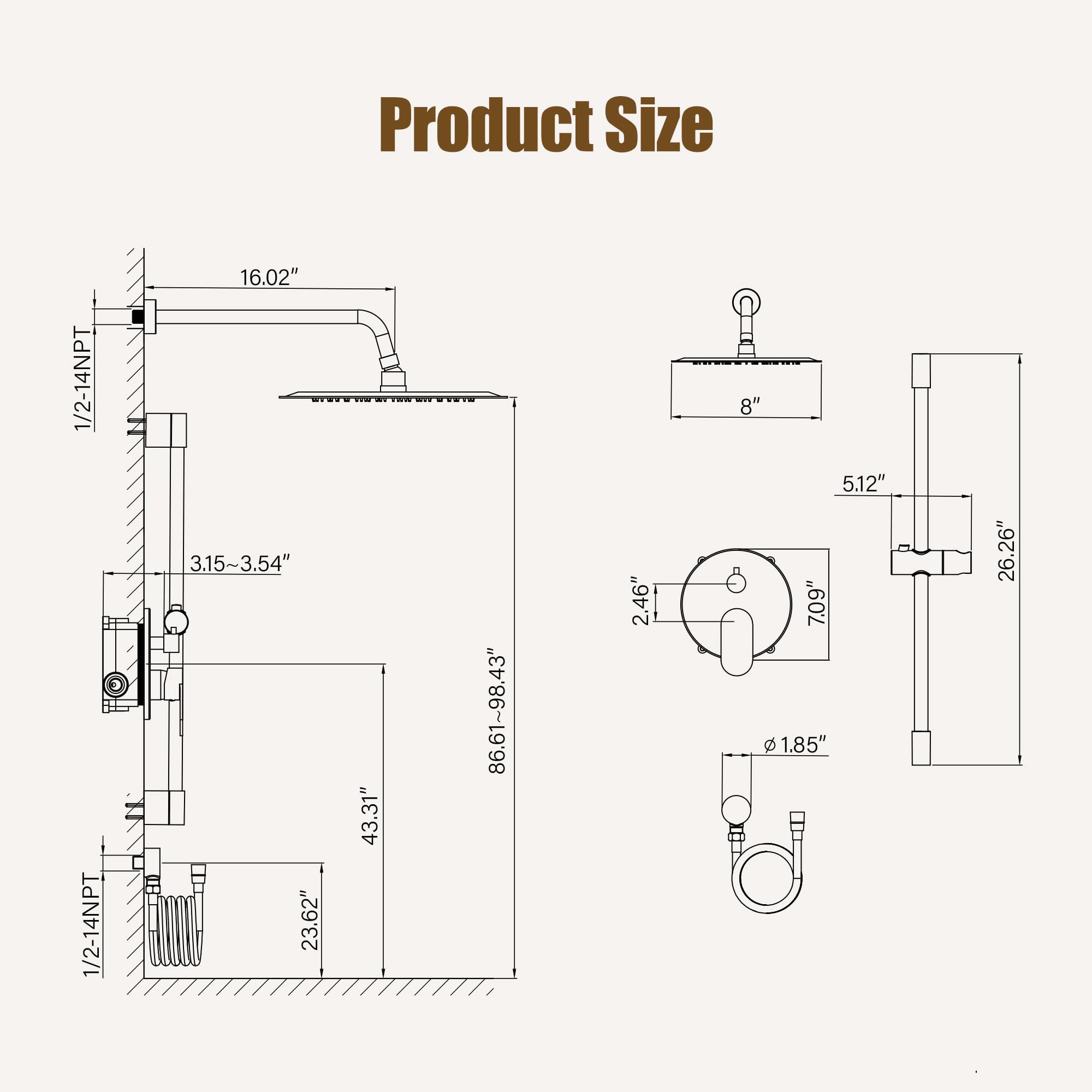 Gabrylly Slide Bar Shower System, Shower Faucet Set Complete with High Pressure 8" Rain Shower head and 5-Setting Handheld Shower Set, Shower Valve Include, Brushed Nickel