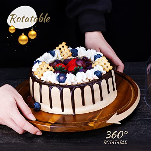 Rotating Cake Stand with Clear Acrylic Dome Lid, Turntable Base, Display Server Tray for Kitchen,Birthday Parties,Weddings,Baking Gifts,Acacia Wood Lazy Susan with Cover
