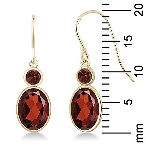 Gem Stone King 14K Yellow Gold Red Garnet Hook French Fish Ear Wire Dangle Earrings For Women (3.04 Cttw, Gemstone January Birthstone, Oval 8X6MM, Round 3MM)