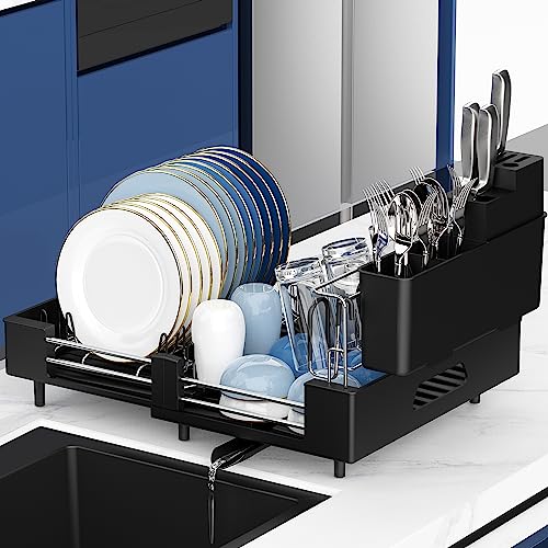 ROTTOGOON Expandable Dish Drying Rack, Stainless Steel Rustproof Dish Rack for Kitchen Counter, (12.8"-19.1") Dish Drainer with Drainage, Utensil Holder, Cup Holder for Various Kitchenware, Black
