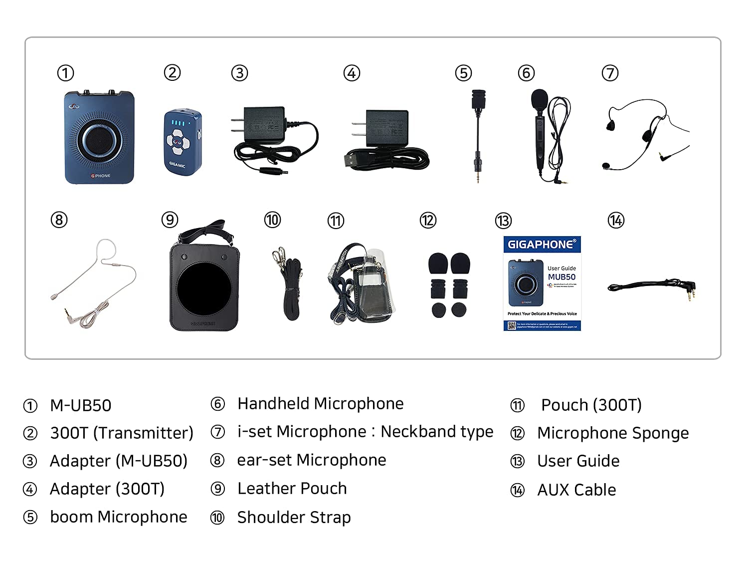 GIGAPHONE MUB50 50W 2.4GHz, 5.2GHz, 5.8GHz 3Bands Wireless Portable Voice Amplifier with a Wireless Transmitter, 4Types of Microphones, Pouch, Shoulder Strap and 3.5mm AUX Cable