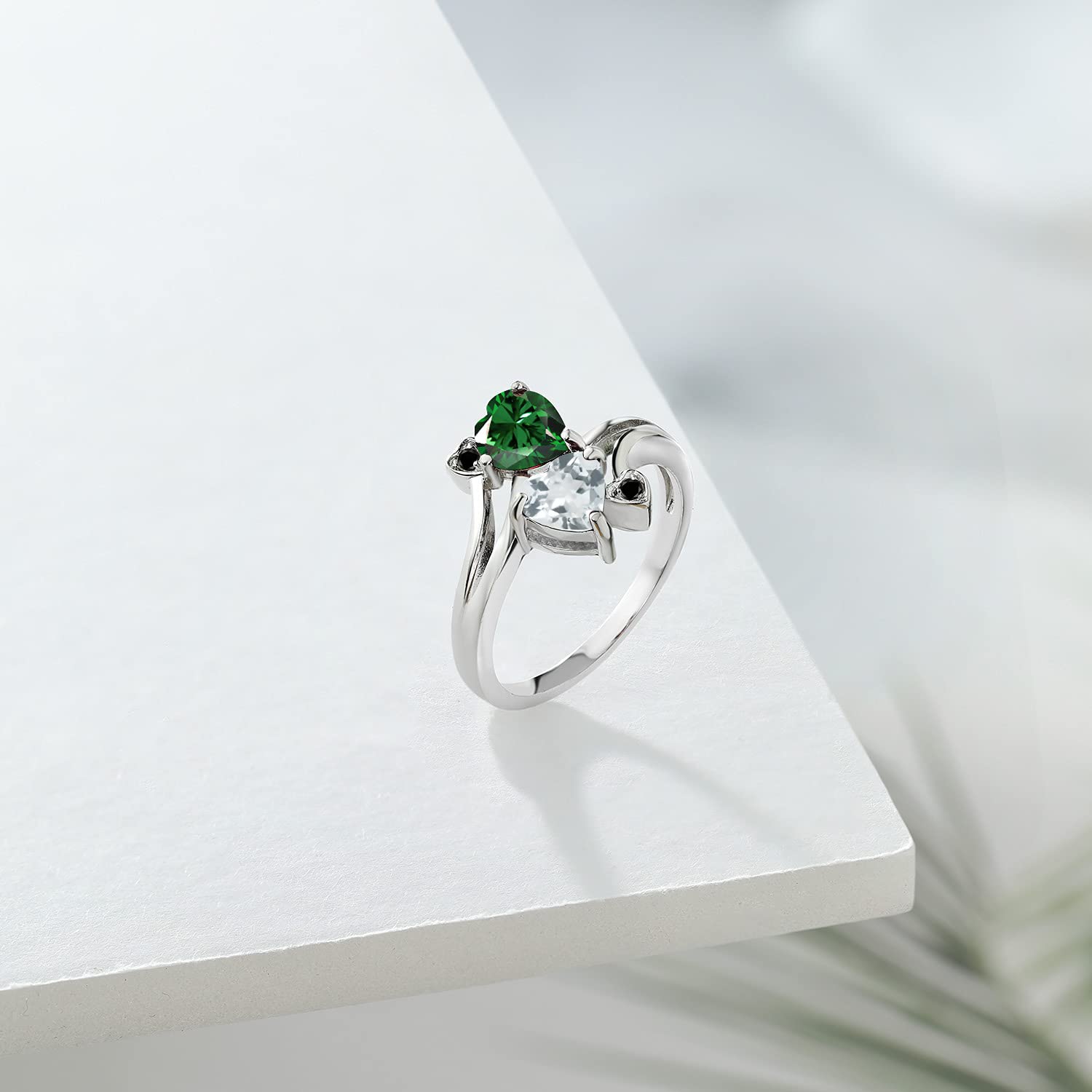 Gem Stone King 925 Sterling Silver Green Nano Emerald Sky Blue Aquamarine and Black Diamond Ring For Women (1.38 Cttw, Heart Shape 6MM, Gemstone May Birthstone, Available In Size 5, 6, 7, 8, 9)