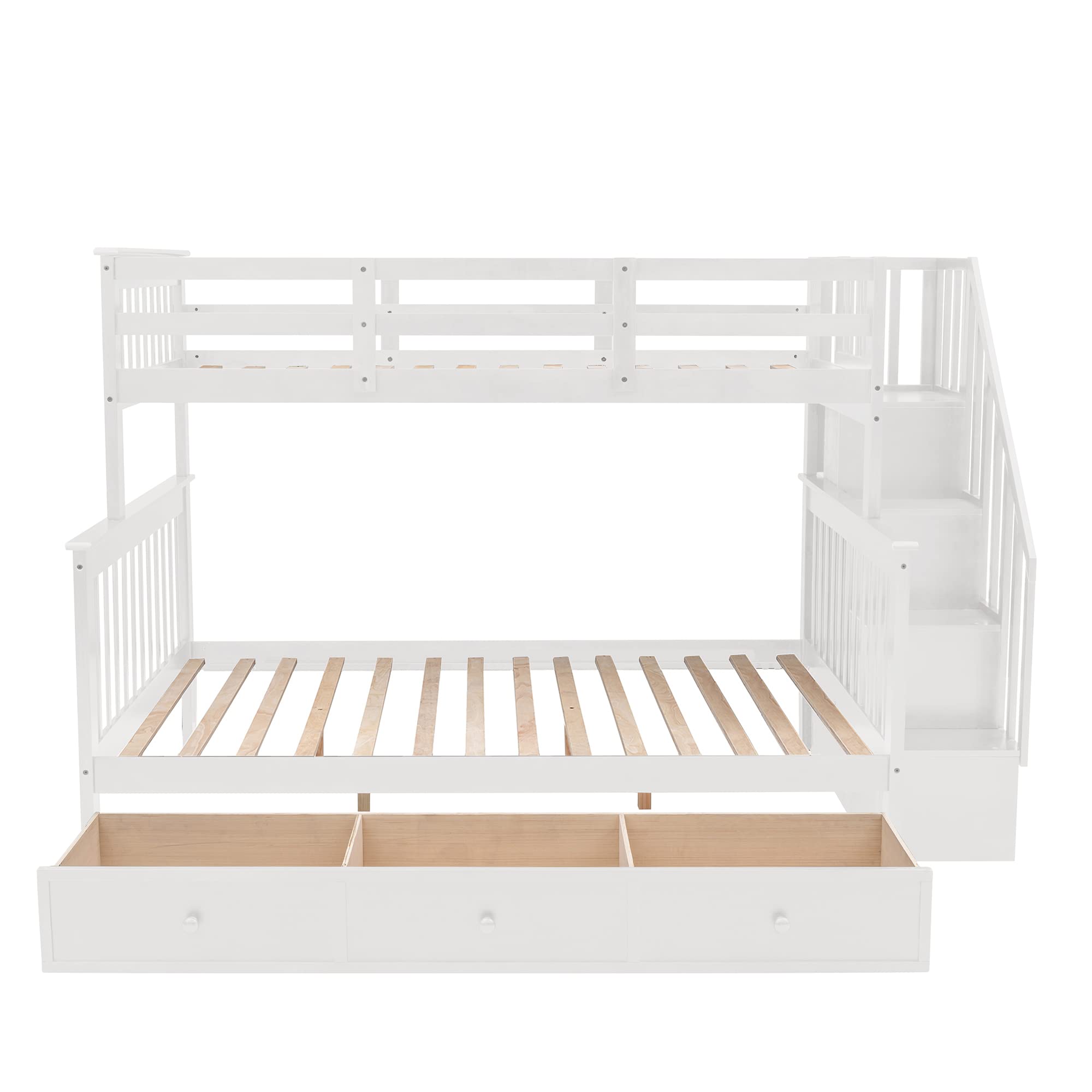 Twin Over Full Bunk Bed, Wood Twin Over Full Bunk Bed Frame with Storage Drawers and Shelves, Twin Over Full Size Bunk Bed Frame with Guardrails and Stairs for Kids Boys Girls Teens Adults, White