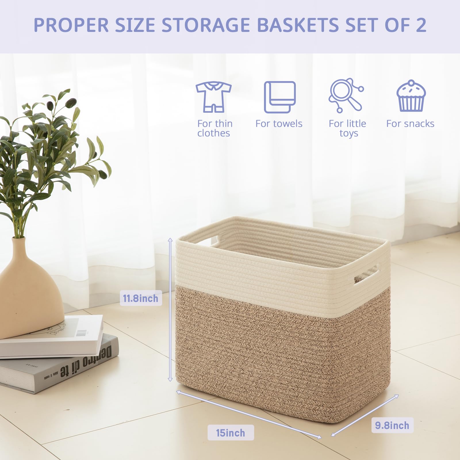 OIAHOMY Storage baskets for Shelf, Toy Storage Basket, Collapsible Storage Bins, Blanket Basket Living Room, Closet Storage for Bedroom, 15 x 9.8 x 11.8 Inches-Pack of 2-Brown