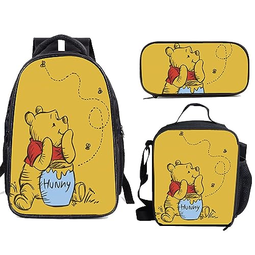 oqizkeu Wi.nnie the P.ooh Bear 3Pcs School Bags Set Boys Girls Student Bookbag 16 Inch Teens Laptop Backpack with Lunch Bag Pencil Case
