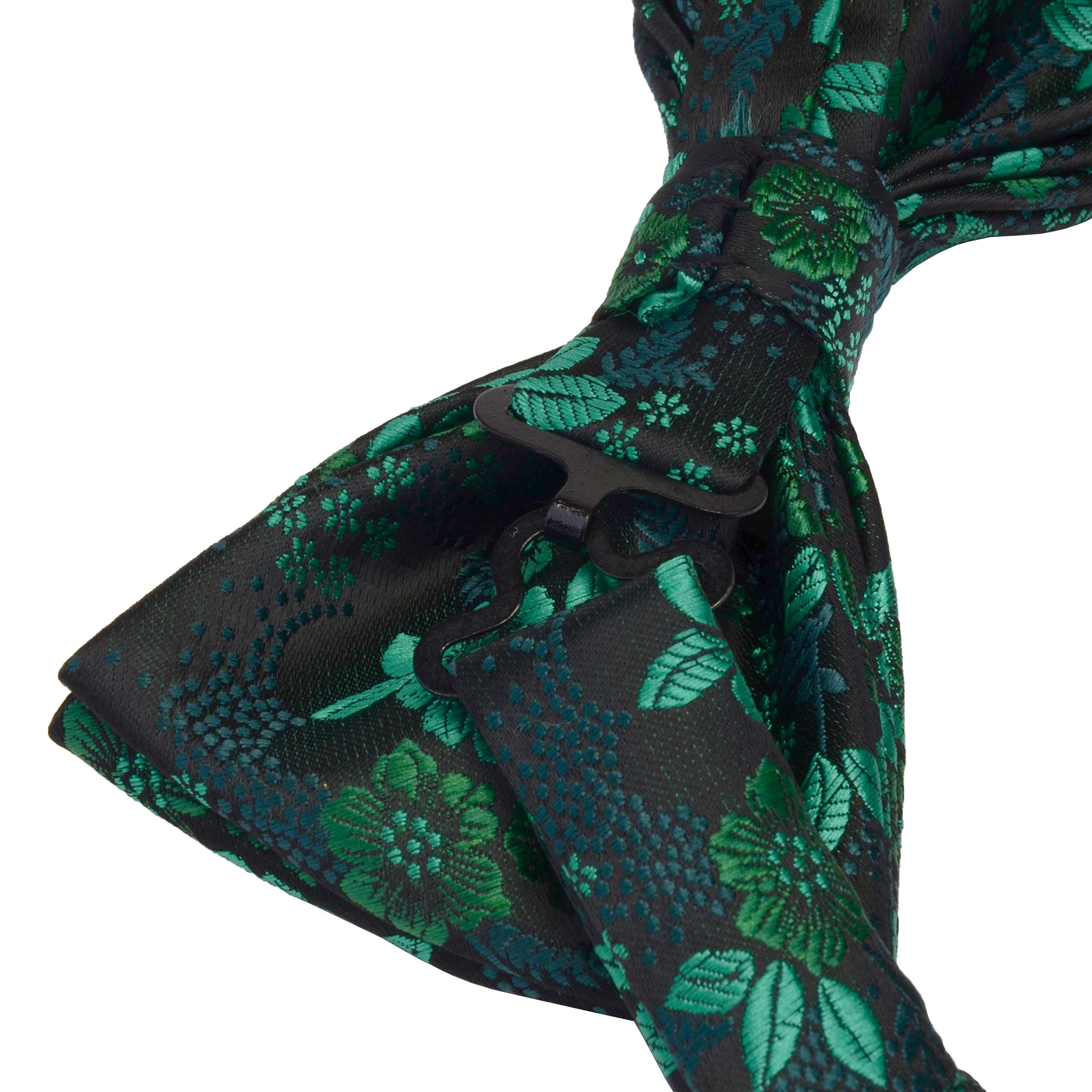 GUSLESON Green Floral Bow Tie Pre-tied Silk Bowtie and Pocket Square Cufflink Set(0582-10)