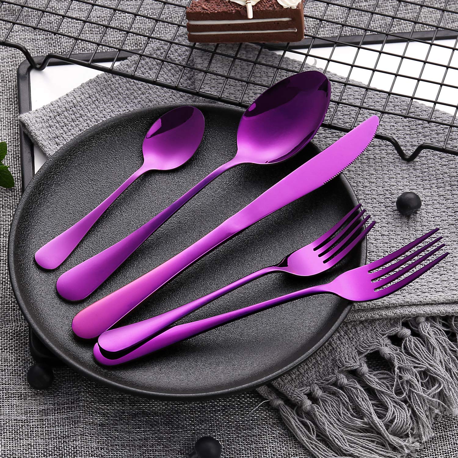 Silverware Set, 20-Piece Purple Flatware Cutlery Set Service for 4,Stainless Steel Kitchen Utensil Set Tableware Knife Spoon Fork Set for Home&Restaurant. Dishwasher Safe (Purple- 20 Pieces Set)