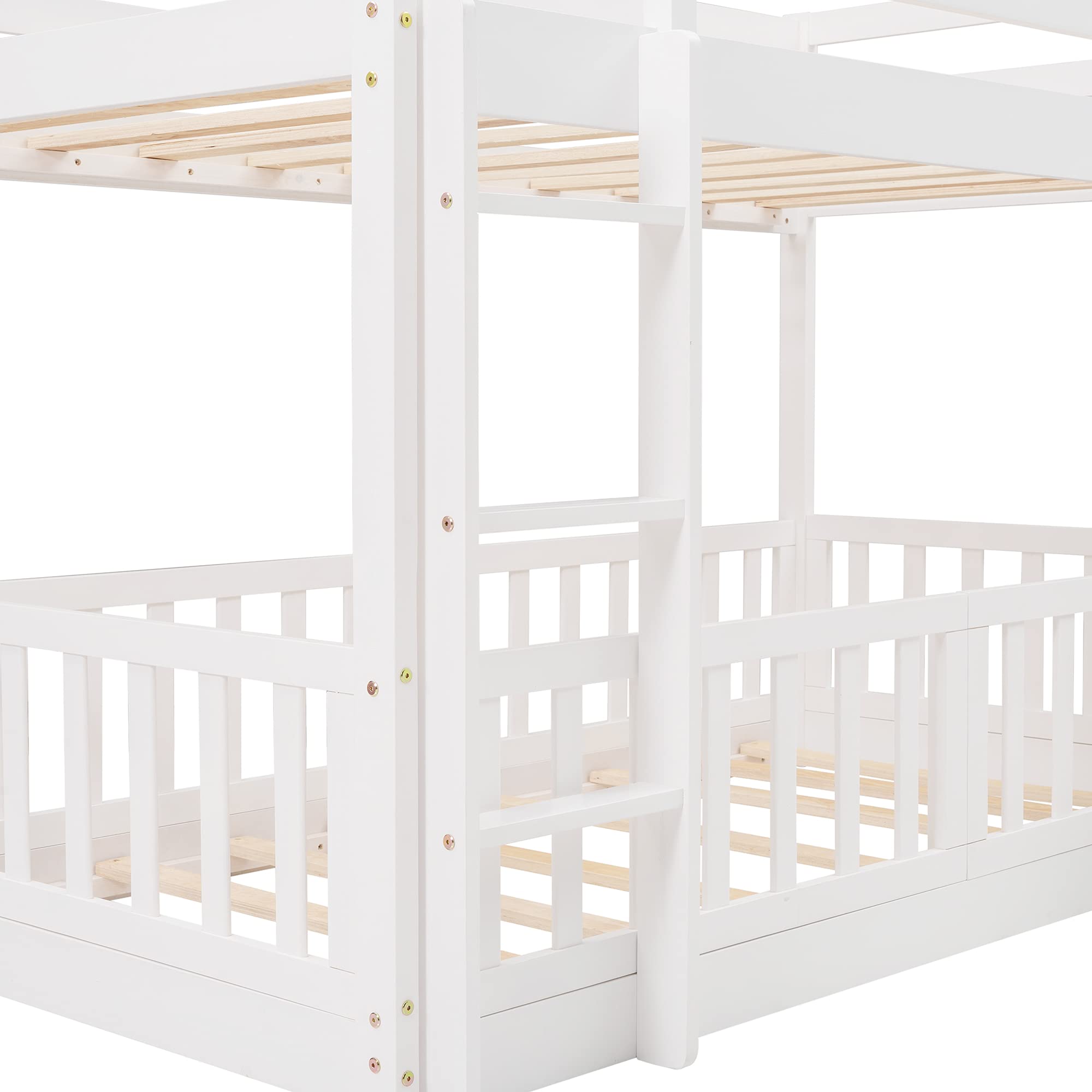 Twin Over Twin Bunk Bed with Slide, Floor Bunk Bed for Kids Toddlers, Wood Low Frame with Ladder and Fence for Boys Girls Teens, White