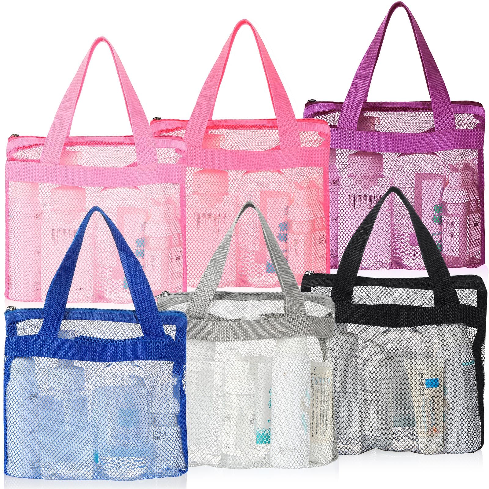 Sweetude 6 Pcs Portable Mesh Shower Caddy Tote Assorted Colors Quick Dry Tote Bag Mesh Beach Bags for Women Hanging Toiletry and Bath Organizer for Travel Swimming Sports Gym Camp Shopping College