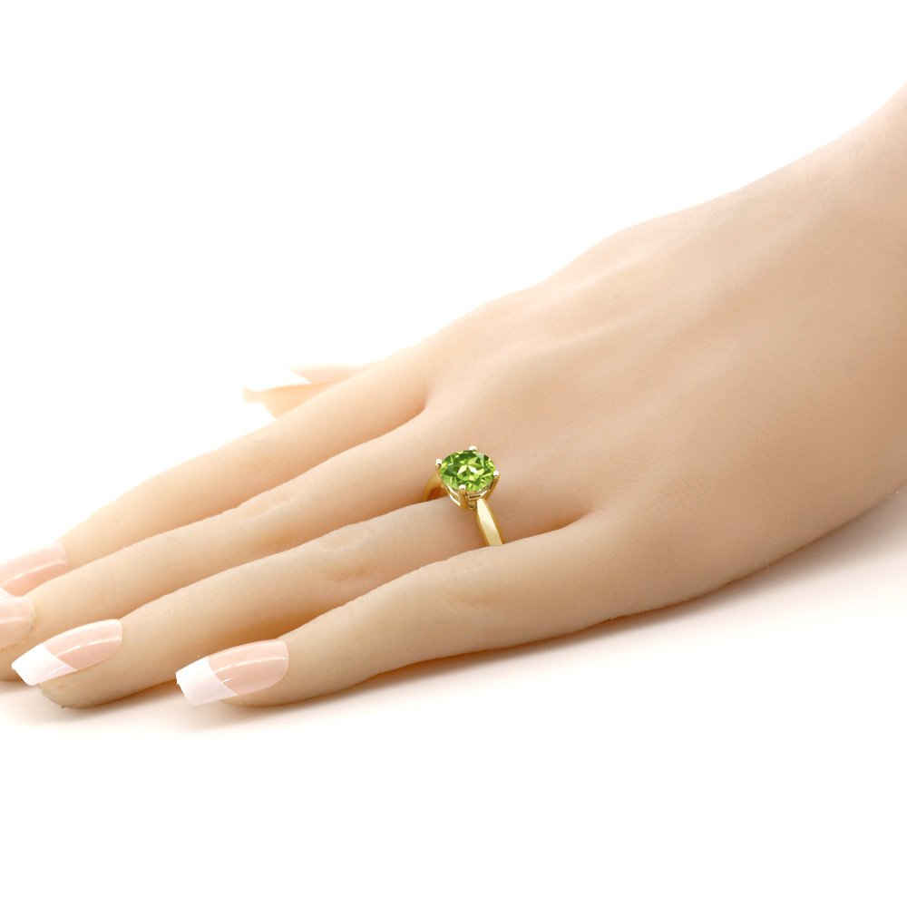 Gem Stone King 18K Yellow Gold Plated Silver Green Peridot Solitaire Engagement Ring For Women (2.00 Cttw, Round 8MM, Gemstone Birthstone, Available In Size 5, 6, 7, 8, 9)