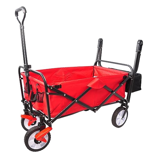 Folding Wagon Collapsible Outdoor Utility Wagon, Heavy Duty Folding Garden Portable Hand Cart, Drink Holder, Adjustable Handles