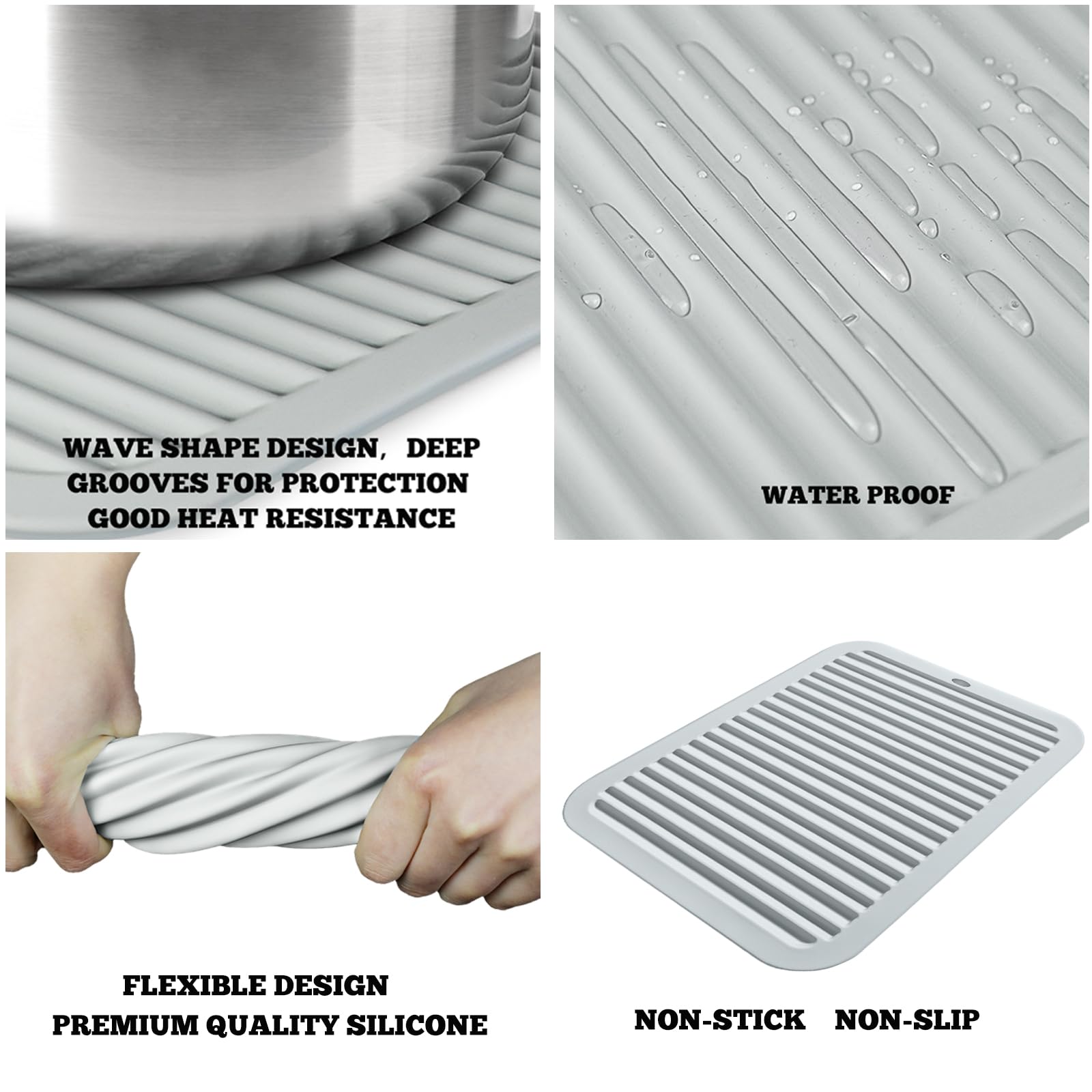 TOPULORS 3 PCS Silicone Trivets for Hot Pots and Pans 9"x12" Heat Resistant Mat Hot Pads for Kitchen Quartz Countertops - Dish Drying Mat Non-Slip Potholders Pot Holders Trivets for Hot Dishes - Gray
