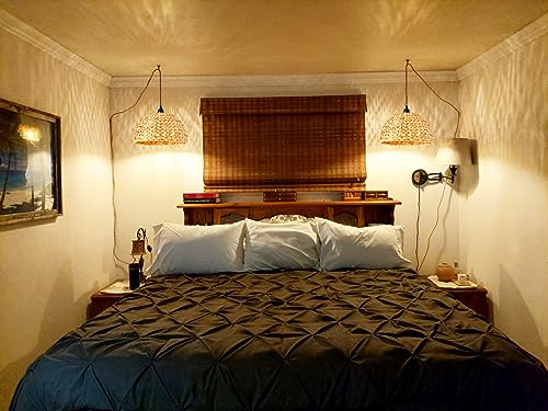 Plug in Pendant Light Rattan Hanging Lights with Plug in Cord Bamboo Hanging Lamp Dimmable,Woven Boho Wicker Basket Lamp Shade,Hemp rope Plug in Ceiling Light Fixture for Living Room Bedroom Kitchen