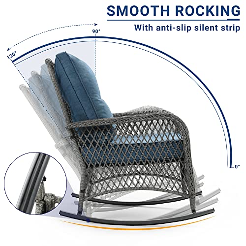UDPATIO 3 Piece Patio Set Rocking, Rattan Outdoor Rocking Patio Bistro Set with 2 Rockers and 1 Side Table with 4ββ Thick Cushions for Backyard, Porch, Balcony, Poolside(Blue)
