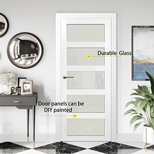 SOLRIG 30" x 80" French Interior Door - 5 Lites Tempered Frosted Glass Pantry Door Panels, Closet & Bathroom Single Door Slab, White Primed, MDF - Panel Need to Assembly
