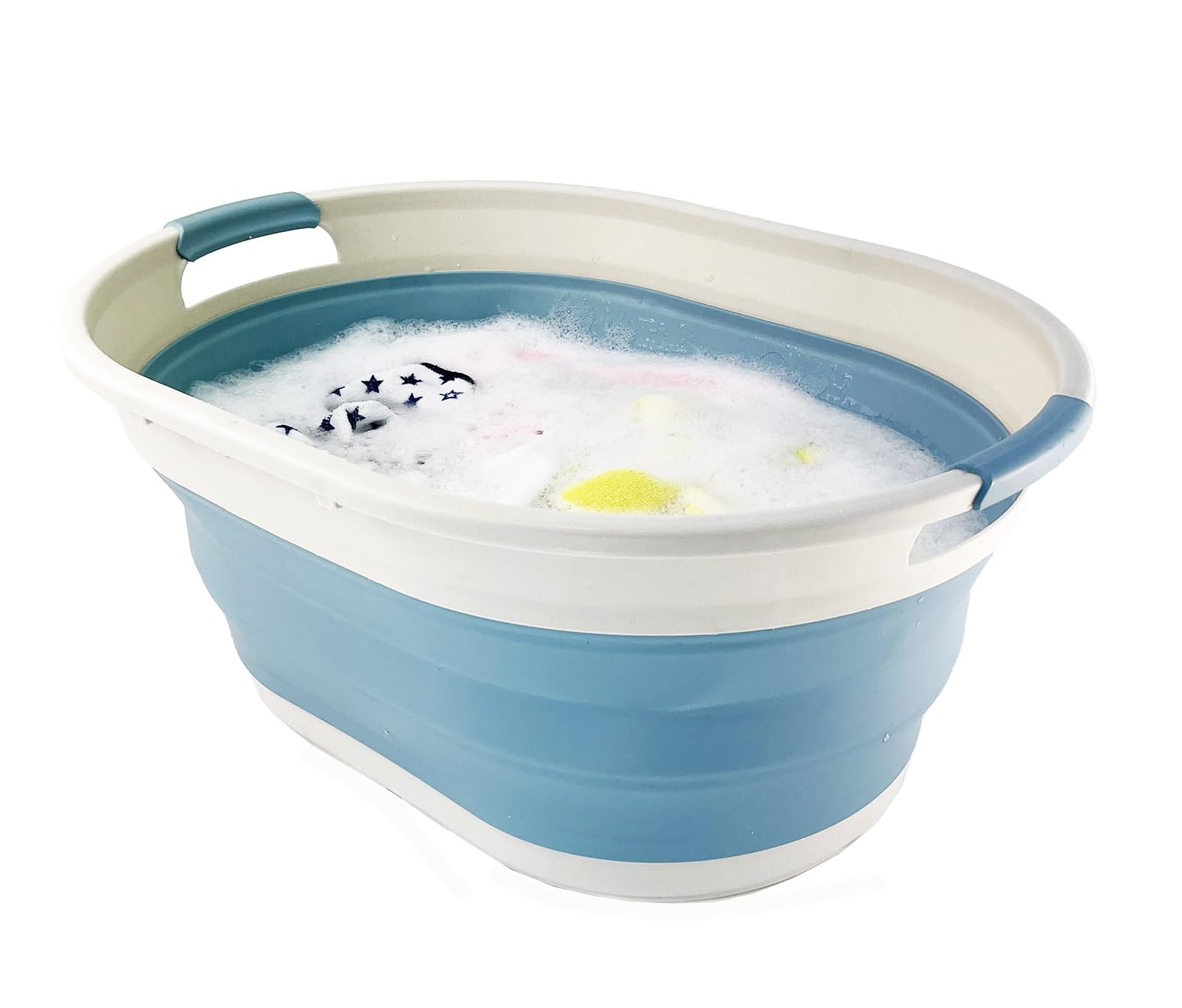 SAMMART 28L (7.4Gallons) Collapsible Plastic Laundry Basket - Oval Tub/Basket - Foldable Storage Container/Organizer - Portable Washing Tub - Space Saving Laundry Hamper (1, Grey/Sterling Blue)
