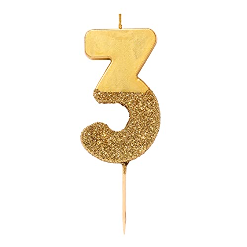 Talking Tables Glitter Number Candle-Premium Quality Cake Topper Decoration Pretty, Sparkly for Kids, Adults, 30th Birthday Party, Anniversary, Milestone, Height 8cm, 3", Gold 3