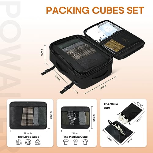 POWAITER Travel Backpack for Women Men, Carry On Backpack Flight Approved Fits 17 Inch Laptop with 4 Packing Cubes for Travel & Business Trip-Black