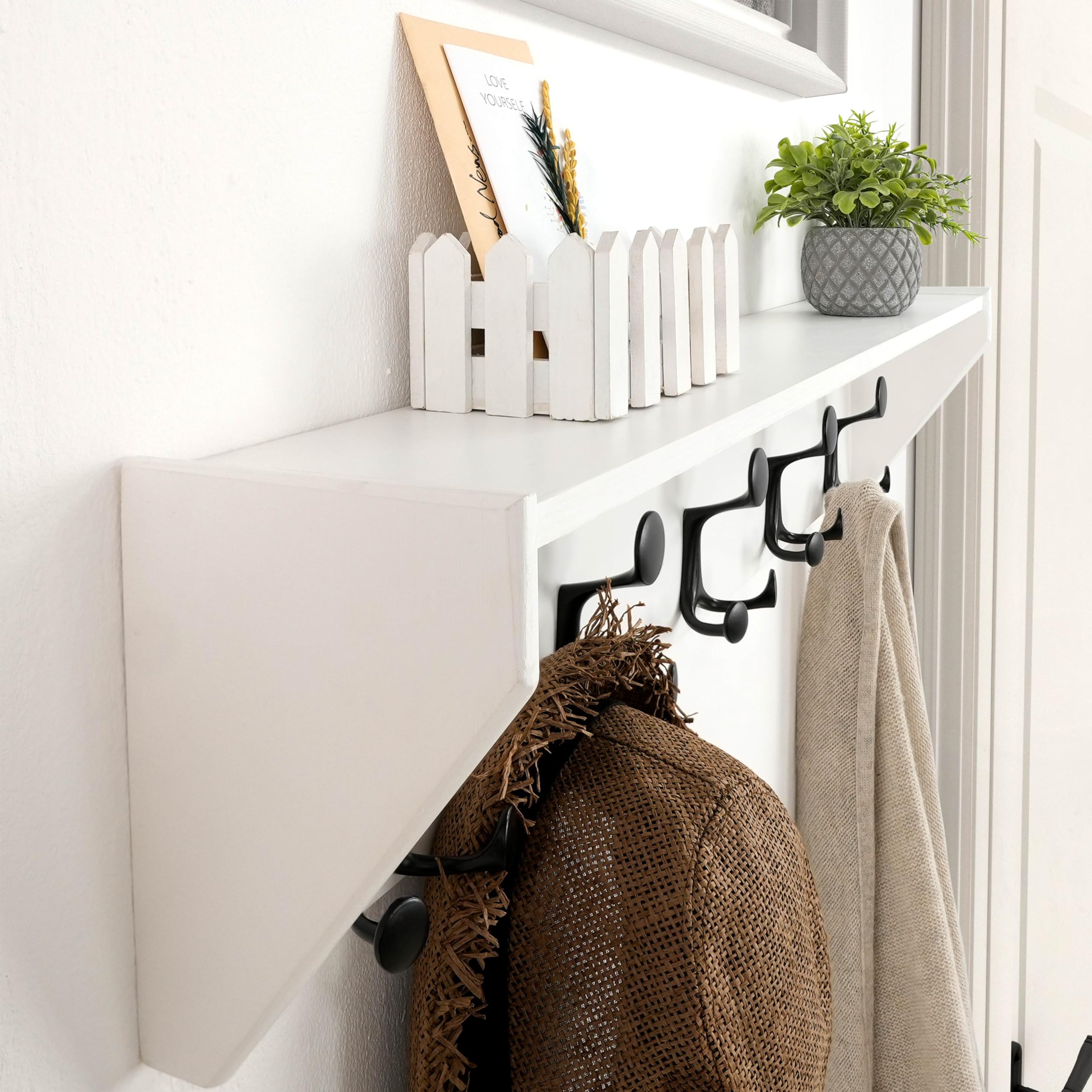 SKOLOO Wall Shelf with Hooks, 35-Inch White Coat Rack Wall Mount with Shelf Organizer - Heavy Duty, 5 Tri Hooks - Perfect for Entryway, Hallway, Living Room, Bedroom, Mudroom