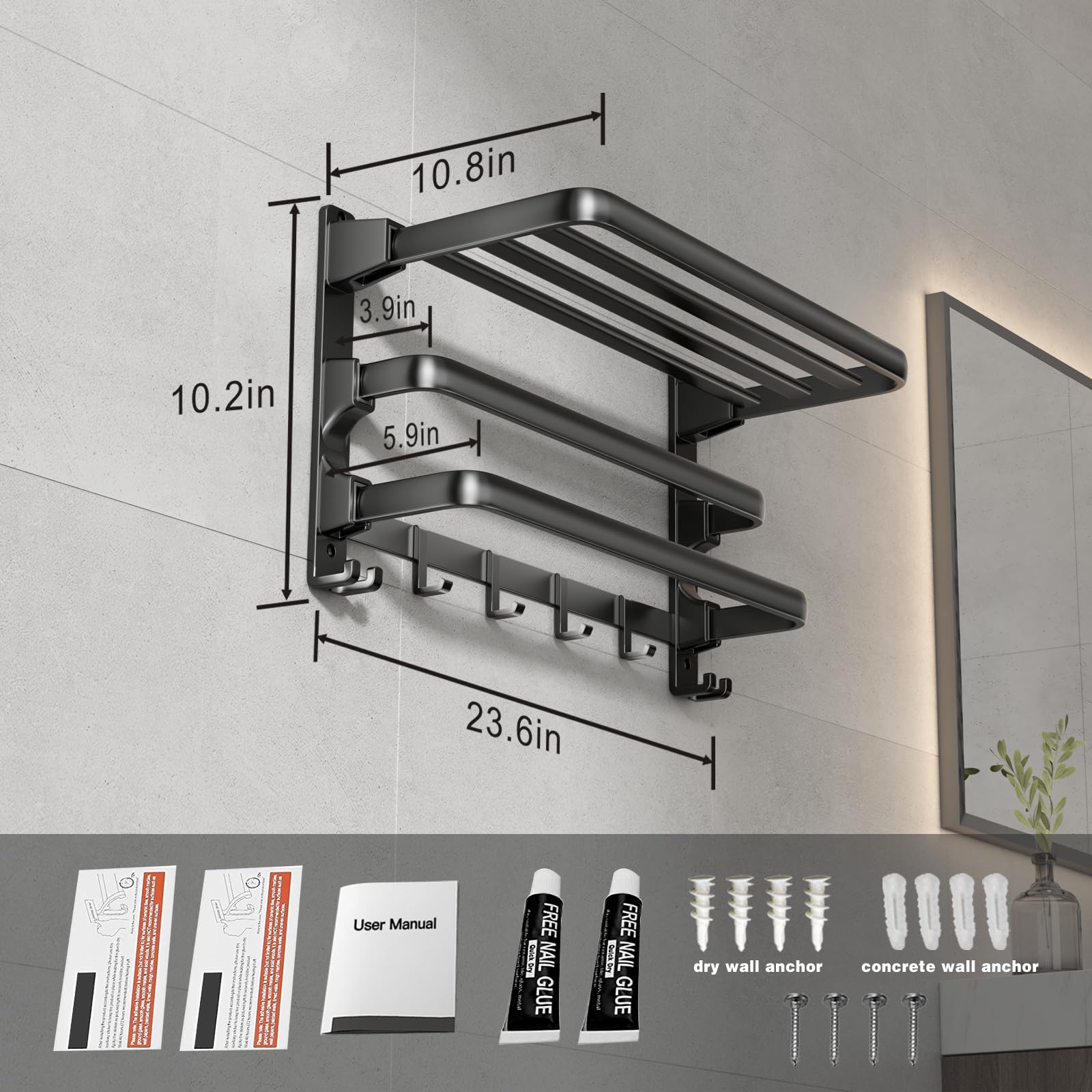 VOLDRA Towel Racks for Bathroom, 24-Inch Towel Shelf with Towel Bar Foldable Towel Holder with 7 Hooks Towel Storage Organizer for Bathroom & Lavatory Wall Mounted(Matte Black)