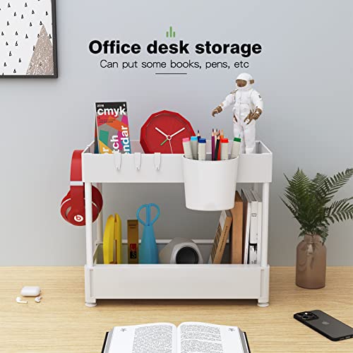 Under Sink Organizers and Storage 2 Pack, ZOMILB Bathroom Organizer 2-Tier Sliding Kitchen Cabinet Organization with Hook, Hanging Cup, Multi-purpose Under Sink Shelf Organizer for Home Storage, White