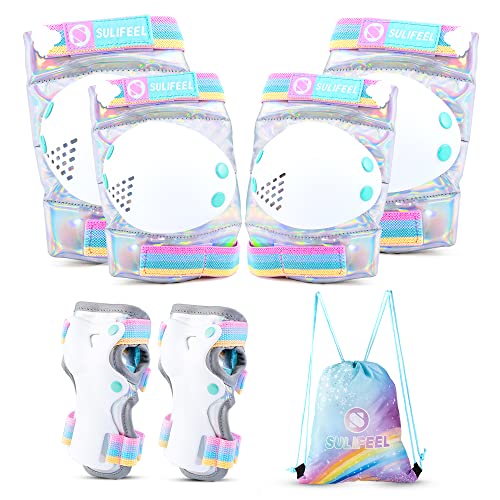 SULIFEEL Rainbow Unicorn Roller Skates for Kids with Adjustable Protective Gear Set Shiny Small