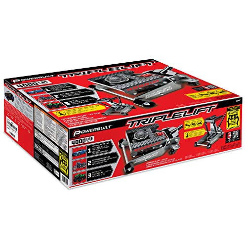 Powerbuilt 2 Ton Triple Lift Floor Jack, Lifts Cars, Trucks, Motorcycles, ATV's, Transmissions, Tie-Down Loops, Locking Safety Bar - 620422E