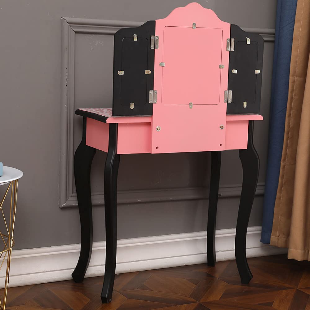 Vasitelan Kids Vanity Set with Mirror and Drawers,Little Girls Vanity Set with Stool for Bedroom,Vanity for Kids with Folding Mirror,Kids Makeup Vanity Dressing Table