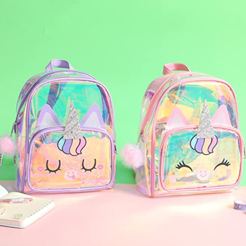 VALICLUD Clear Unicorn Backpack for Girl Holographic Backpack Clear Backpack Unicorn Transparent Backpack Clear Mini Backpack Casual Daypacks (Pink)
