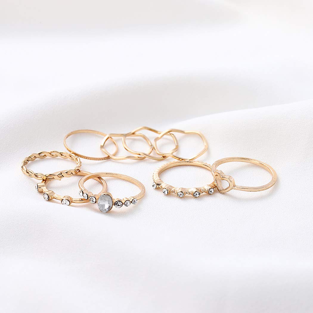 GRAEEN Knuckle Rings Index Finger Rings Hollow Love Rose Gold Ring Sets for Women (Pack of 9) (Style 1)