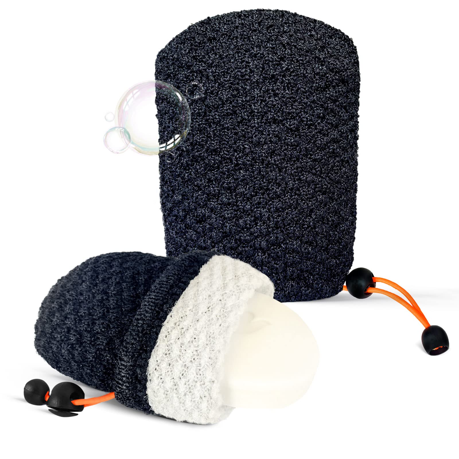 MIG4U Exfoliating Soap Bag for Shower 2 Pieces - Bar Soap Saver Pouch, Bamboo Body Scrubber Exfoliator Pocket in Travel Bathing, Black, Double Layer