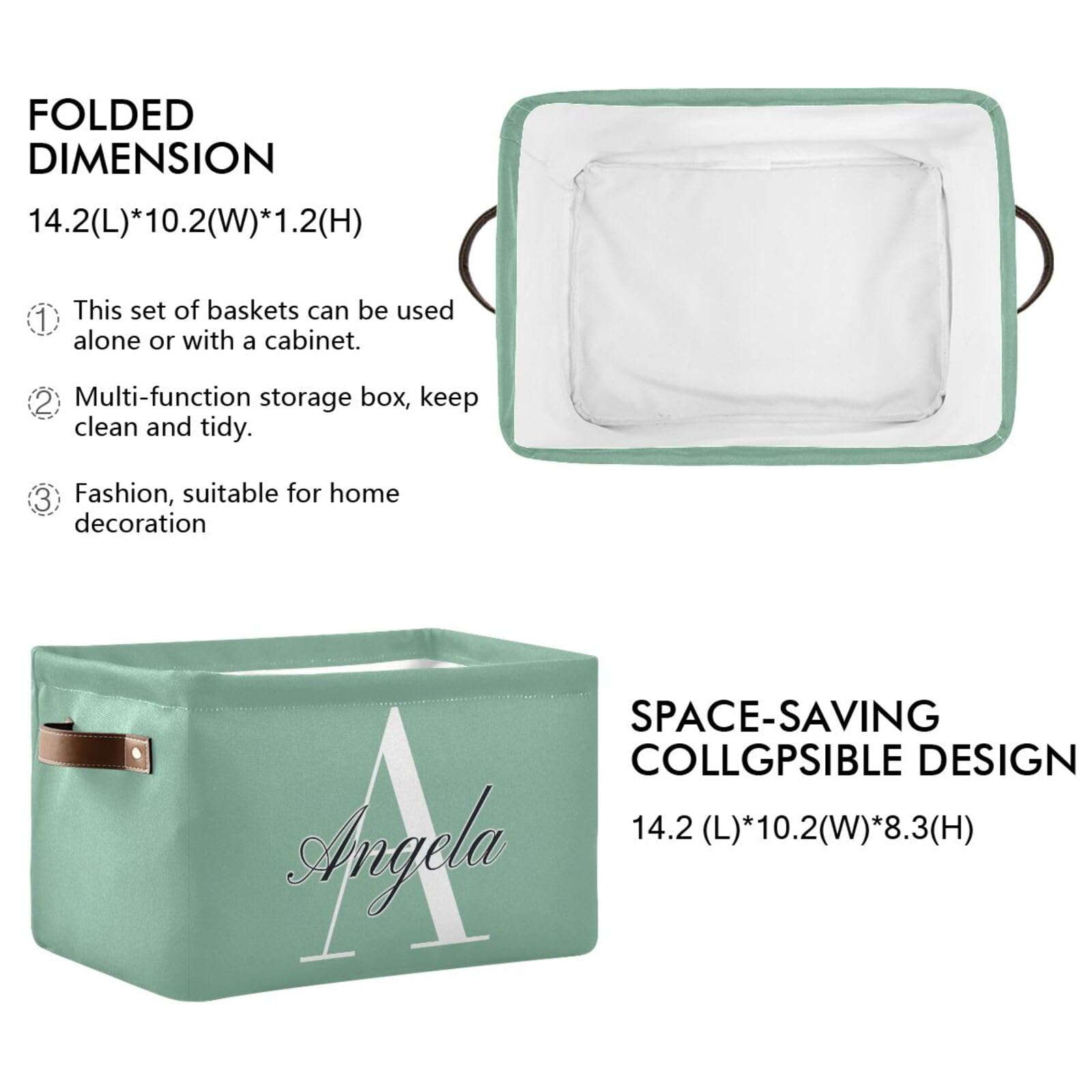 Sage Green Customized Storage Basket Collapsible Storage Bins Cubes Box Fabric Clothes Hamper Gift Baskets Toy Chest for Shelves Office Home Nursery Shoes with Leather Handles