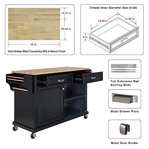 Rolling Kitchen Island Cart with 5 Universal Wheels and 5 Solid Wood Cabinet Feet,Greenguard Gold Certified,Kitchen Island with Rubberwood Drop Leaf-Mobile Kitchen Island with Storage and Drawer,Black