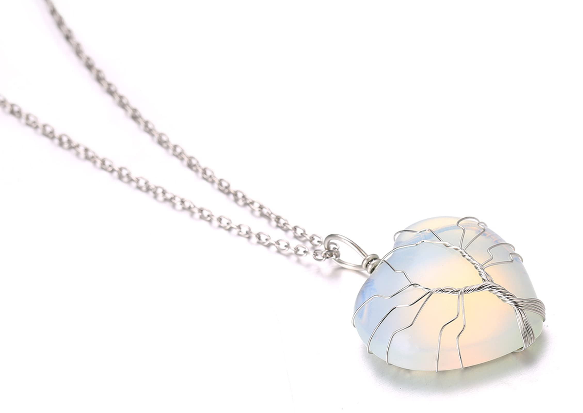 Halukakah Moonstone Necklace - LUNARLOVE - Handmade Platinum Plated Winding Tree of Life Wire, Natural Crystal Heart Shape Pendants and 20" Chainā¦