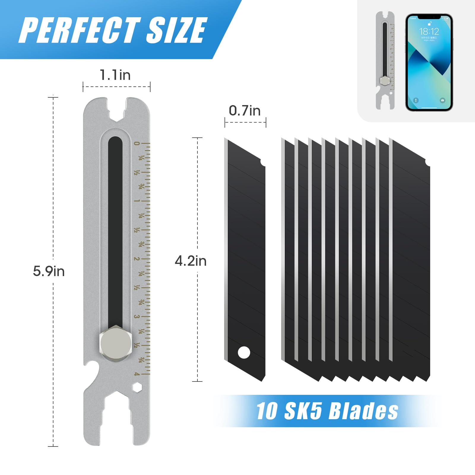 Tomorotec 4-In-1 Multifunctional Utility Knife, Stainless Steel Box Cutter Retractable w/ 10 SK5 Replacement Blades, Mutipurpose for Knife, Ruler, Bottle Opener, Wrench, Heavy-Duty for Office Home Use